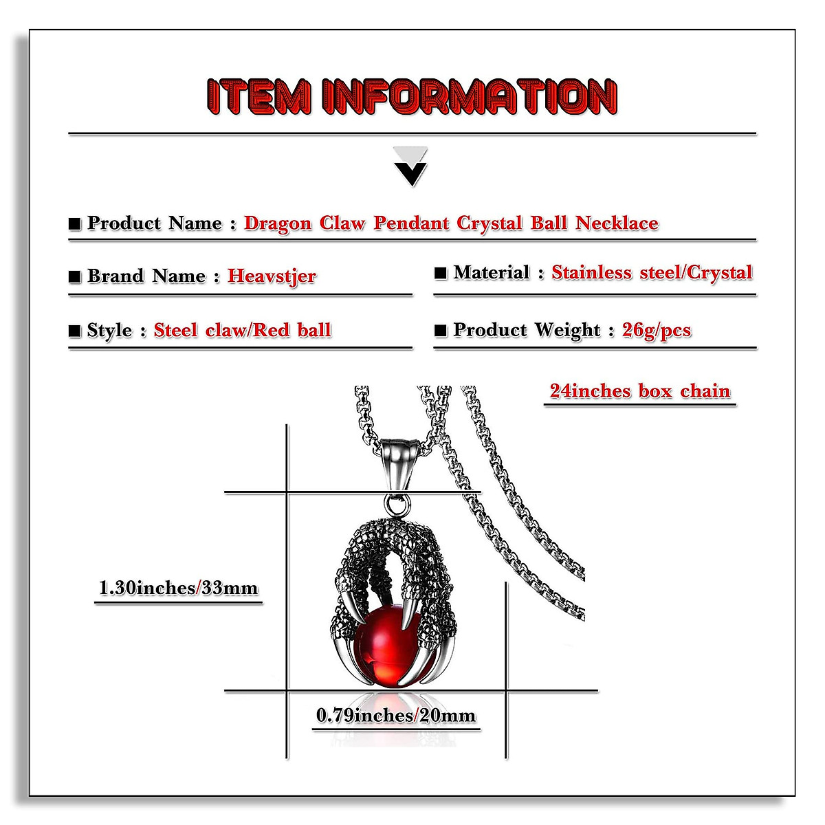 Heavstjer Punk Rock Stainless Steel Dragon Claw Pendant Crystal Ball Necklace,24inches Link Chain (A_Red Ball)