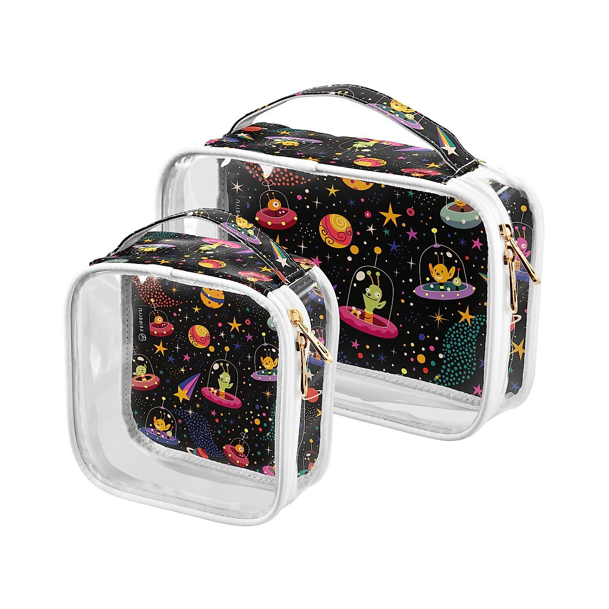 Cute Alien Planet Stars 2 Pieces Clear Makeup Cosmetic Toiletry Bags for Women Men PVC Waterproof Portable Travel Storage Carry Pouch with Gold Zippers Organizer Case for Organizing Traveling