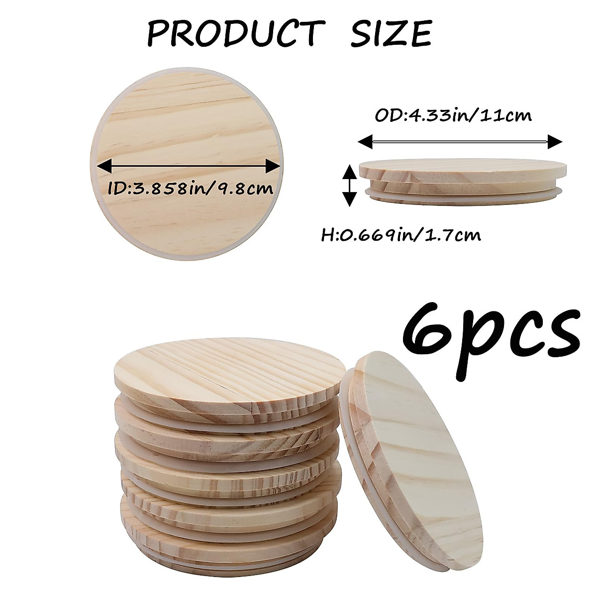 Semetall 6pcs Round Pine Wood Jar Lids with Silicone Sealing Rings 4.3 Inches Diameter Wooden Lids for Coffee Drink Mug Cup Beer Can Glasses
