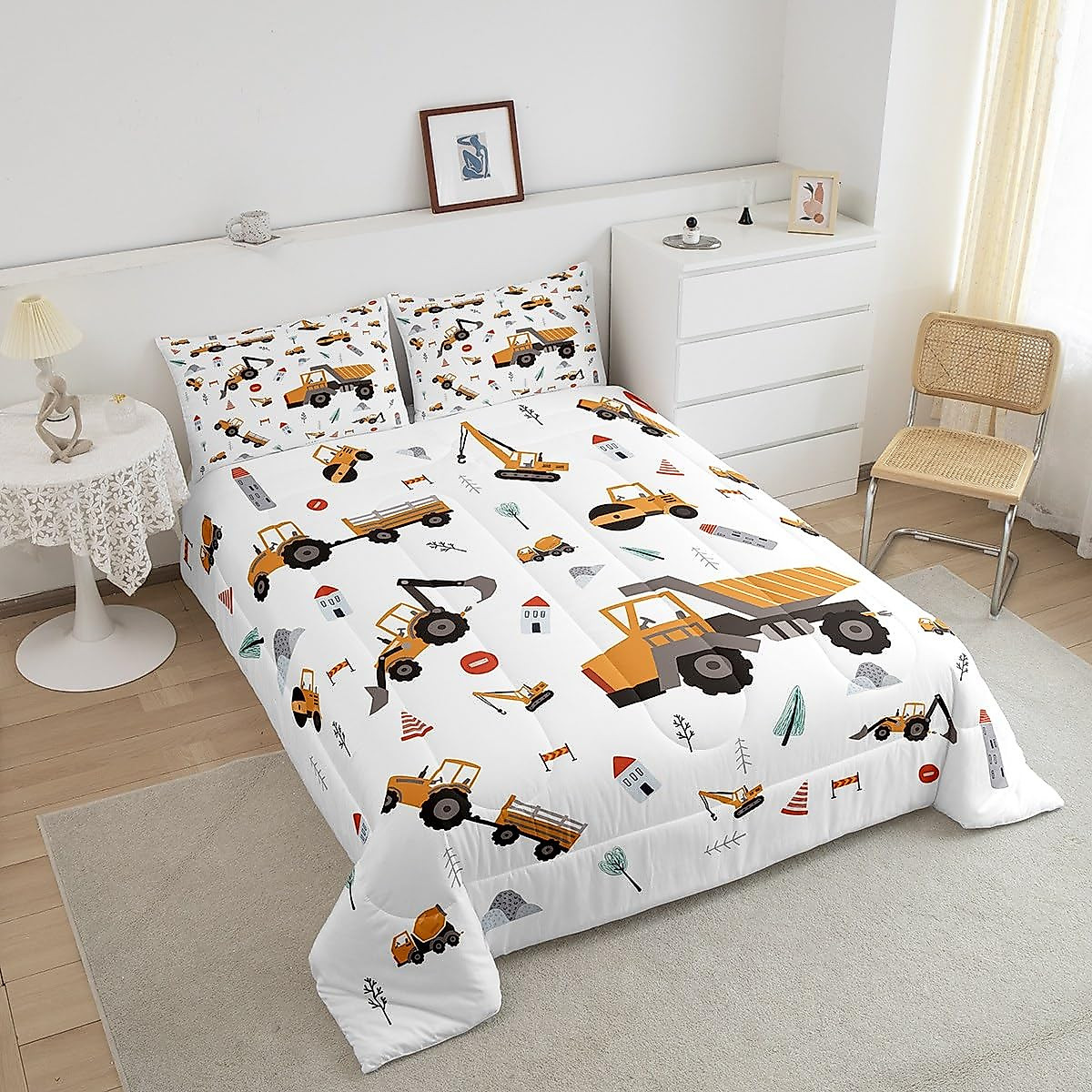 jejeloiu 7 Pieces Excavator Comforter Set Full Size & Excavator Sheet Set Full Size