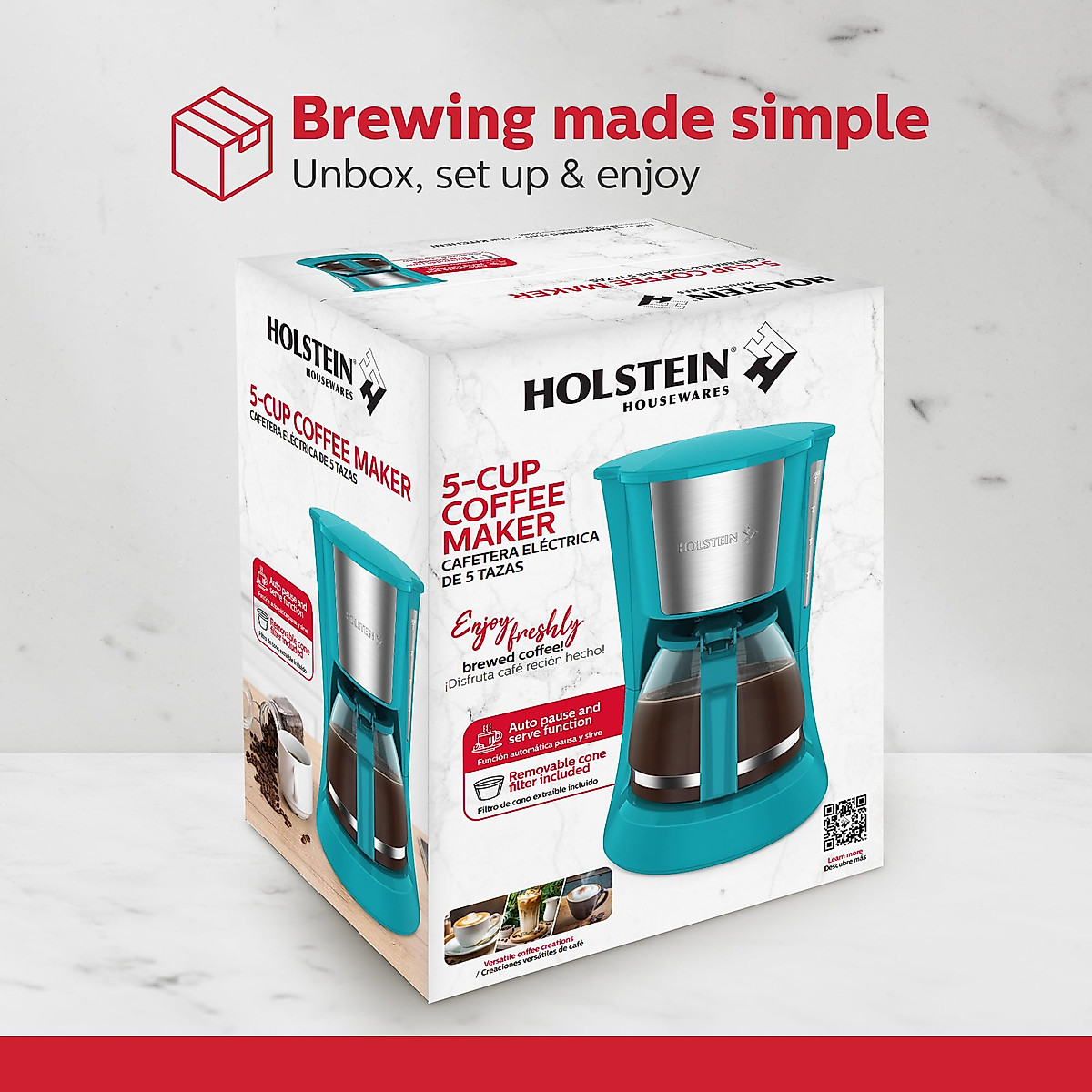 Holstein Housewares - 5-Cup Compact Coffee Maker, Teal - Convenient and User Friendly with Auto Pause and Serve Functions