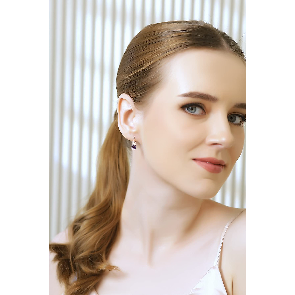 Purple Earrings for Women Sterling Silver Fashion 6mm Round Leverback Drop Amethyst Earring Tendy Summer