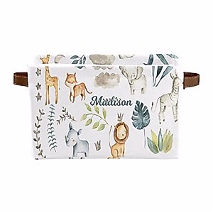 Jungle Safari Animals Personalized Storage Basket ,Custom Storage Bins Cubes Organizer with Handle for Bedroom Wardrobe Nursery Basket 1 Pack