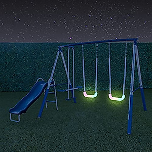 Sportspower Super Lights Metal Swing Set with LED Swing Seats, 2 Person Glider and 5ft Slide, 500lb Capacity, Light Grey and Blue