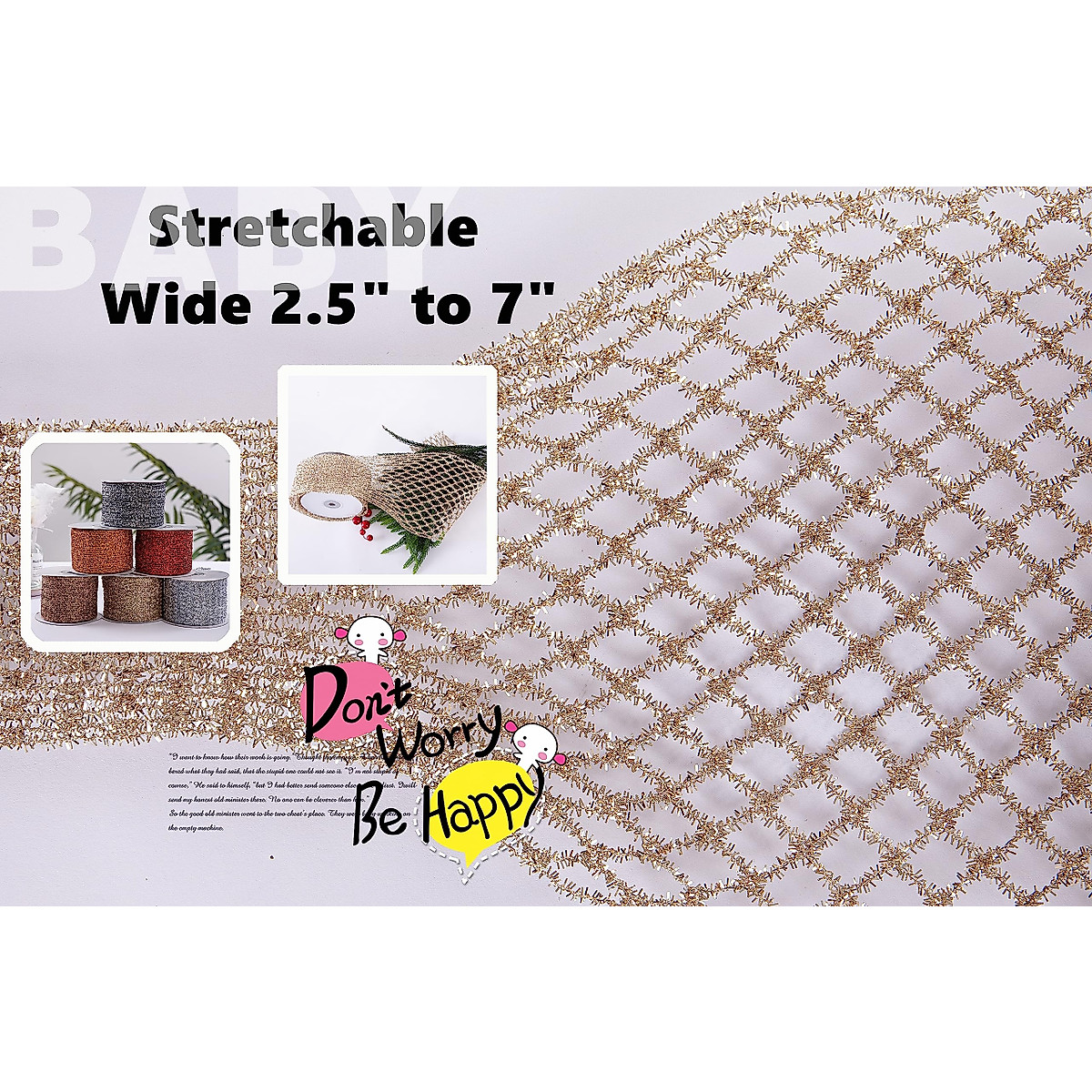 CSZD RIBBON Gold Stretchable Glitter Metallic Mesh Ribbon Wired Web Ribbon Wide 2.5" to 7" for Christmas tree,Wreaths,Home Decor, Gift Wrapping, DIY Crafts, 2.5” x 5Yards x 1 Rolls (Gold)