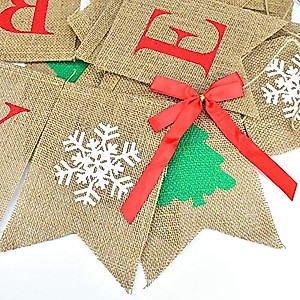 PACETAP Merry Christmas Banner Burlap,Christmas Fireplace Banner Christmas Wall Banners,Christmas Tree Decor,Christmas Home Chimney Indoor Decorations, Christmas Chimney Banner with 4 Red Bows