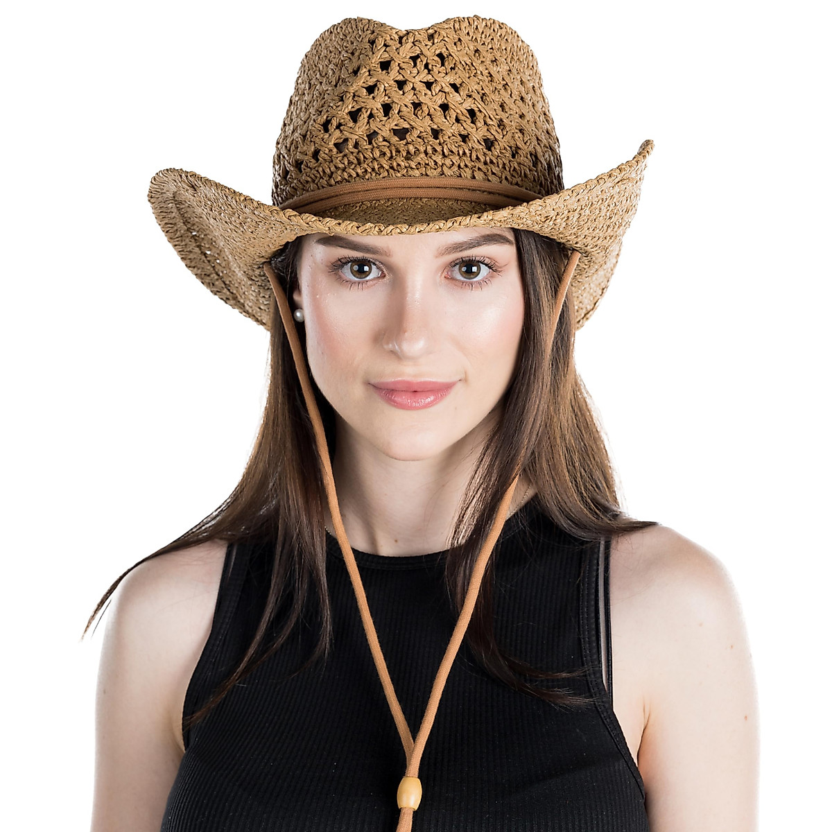 Funky Junque Women's Cowboy Hat - Bendable Brim Open Weave w/Chin Strap - Natural