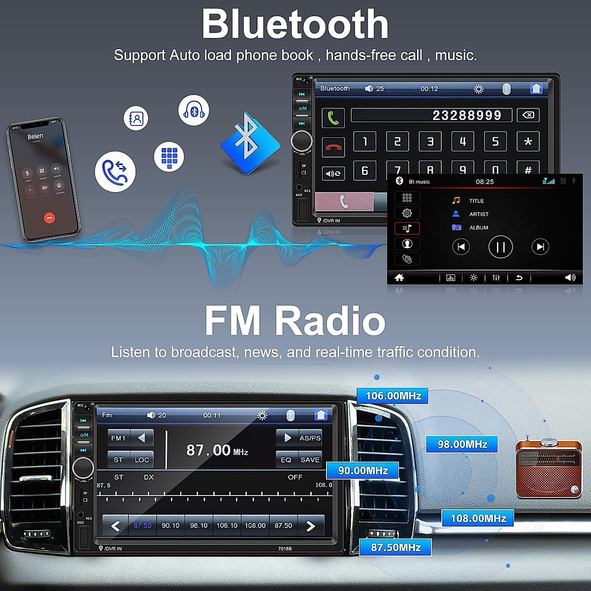 Nhopeew Double Din Car Stereo with Bluetooth and Backup Camera 7 Inch Touch Screen Car Radio Support AUX/USB/TF Card/Mirror Link/Steering Wheel Control