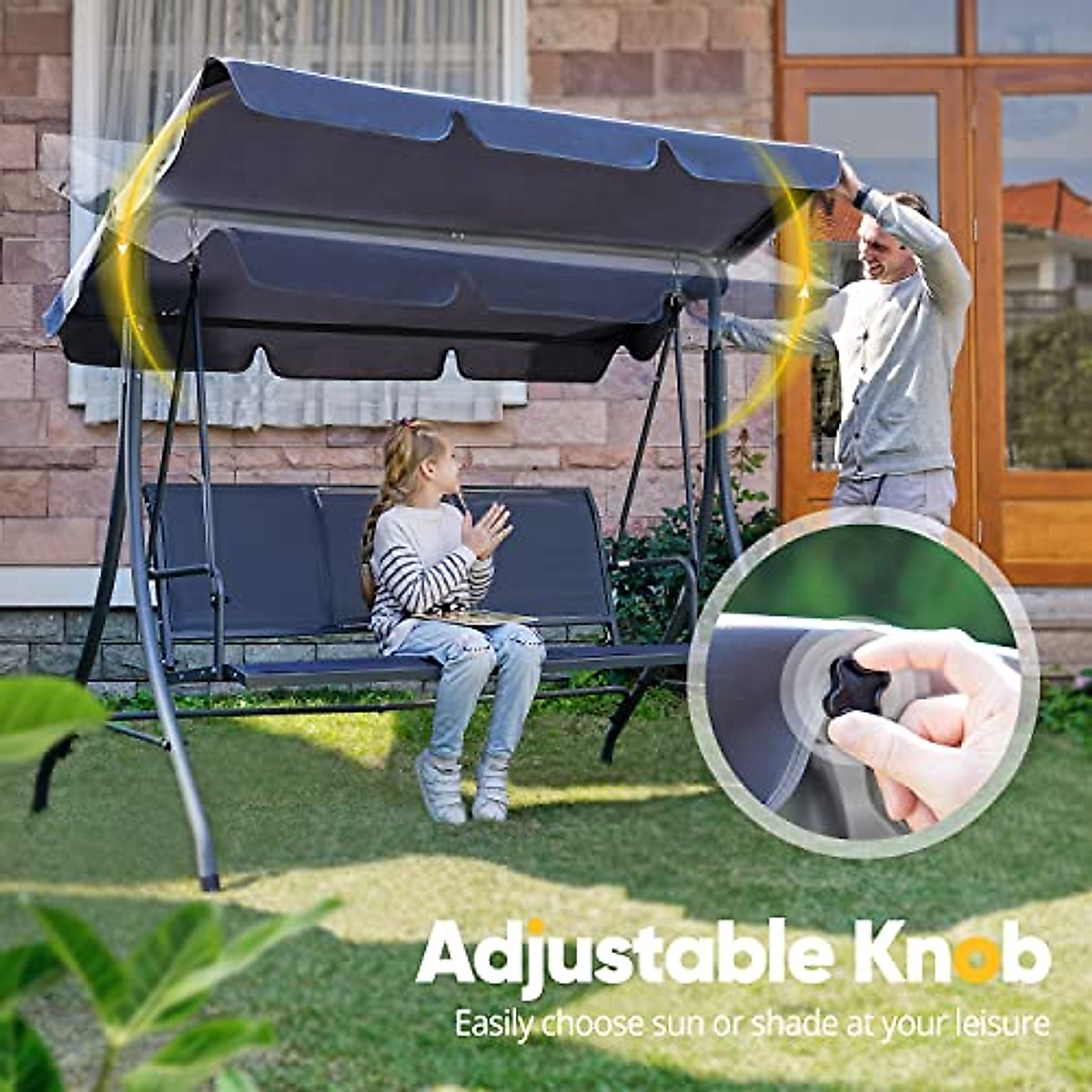 Zupapa Outdoor Patio Swing Chair w/Textilene Breathable 3-Person Armrest Seat, Canopy Porch Swing w/Adjustable Shading, Heavy-Duty Powder-Coated Swing Sets for Backyard, Poolside, Balcony - Gray