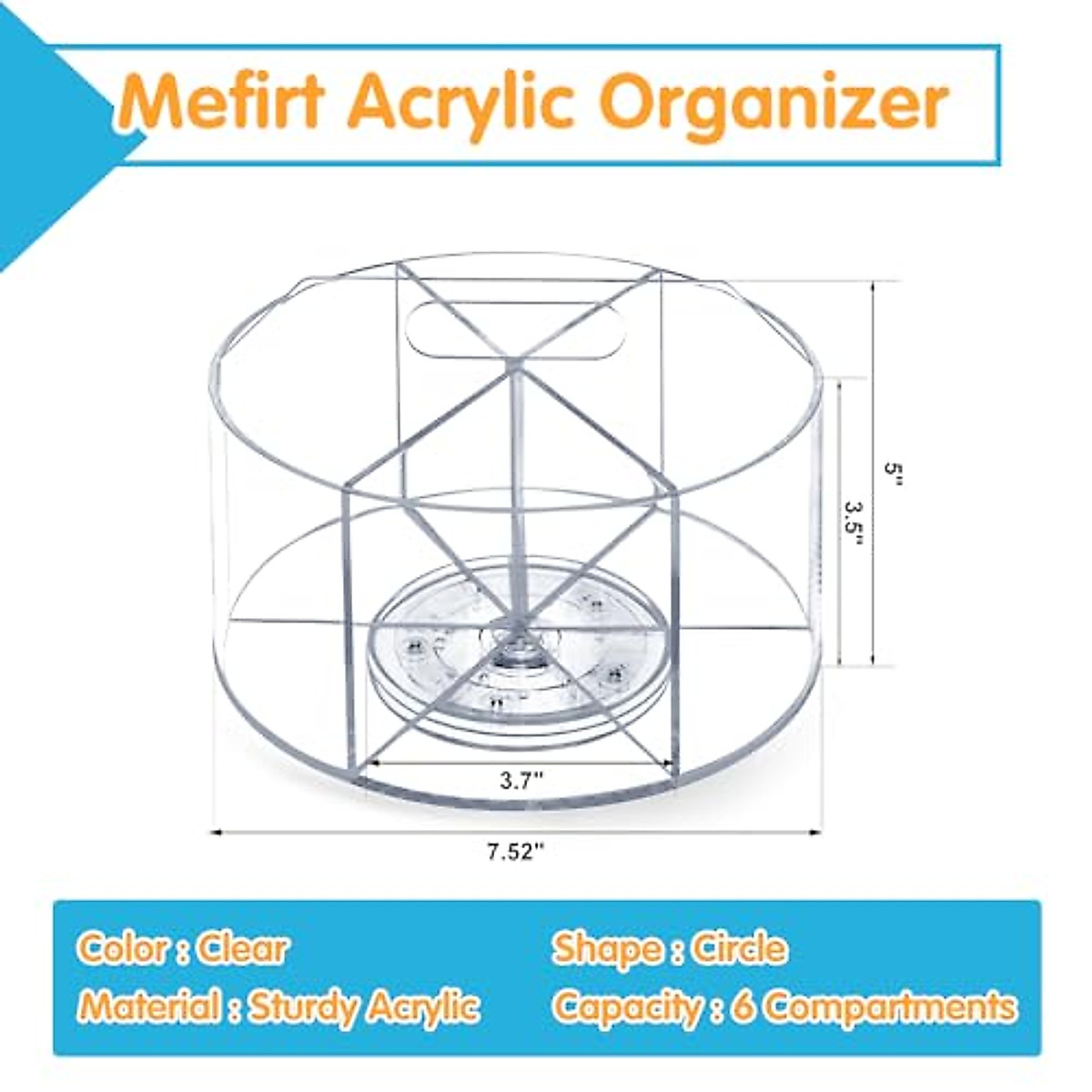 Mefirt Acrylic Pen Holder, Large 360 Degree Rotating Pen Organizer, Rotating Desk Organizer Acrylic Office Organizer with 6 Compartments, Marker Organizer Kid Crayon Caddy Art Supply Storage Organizer