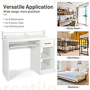 Tangkula White Computer Desk with Drawer & Keyboard Tray, 22 Inch Wide Modern Study Writing Desk with Desktop Hutch & Storage Shelves for Kids, Wood PC Laptop Desk, Desk for Bedroom