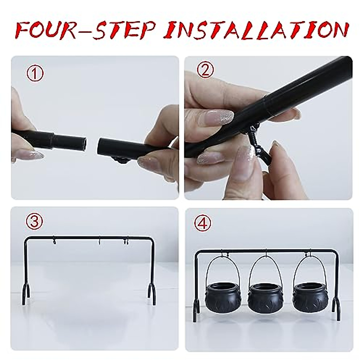 3pcs Black Plastic Witches Cauldron Serving Bowls on Rack, Halloween Party Decotations, Halloween Decor Candy Bucket Cauldron for Outdoor and Indoor Home Kitchen Halloween Decoration