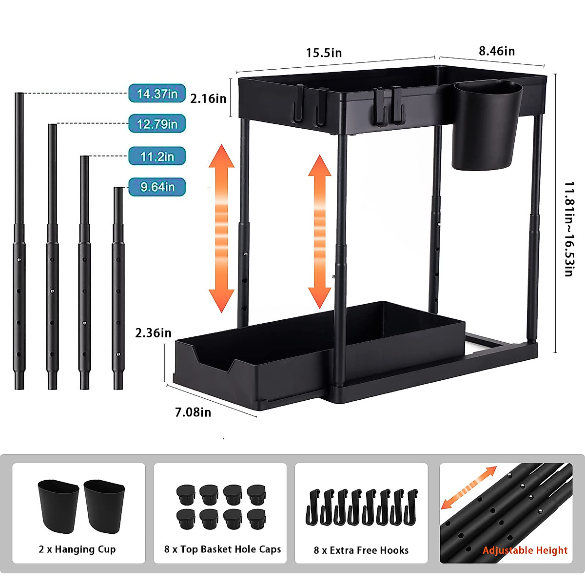 2 Pack Under Sink Organizers and Storage, 2 Tier Sliding Under Storage Drawer Organizer with Hooks and Hanging Cup,for Bathroom Kitchen Sink Organizer,Black