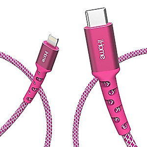 iHome USB C to Lightning Cable: Nylon Braided, Apple MFi Certified,for iPhone 12/12 Pro/12 Pro Max/12 Mini/ 11/11 Pro/ 11 Pro Max, AirPods Pro(Supports Power Delivery w/18W Type C Charger),10 Ft,Pink