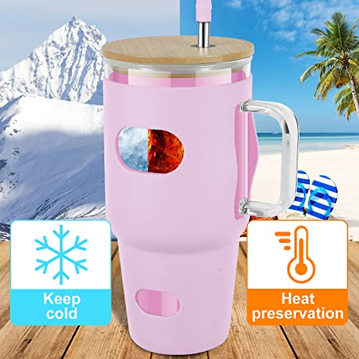 Glass Tumbler Cup with Silicone Sleeve, 32oz Water Bottle Tumbler w/ Bamboo Lid and Straw- Easy to Grip, Leakproof Glass Tumbler Mug Drinking Glass Cups, Dishwasher Safe for Travel Home Coffee (Pink)