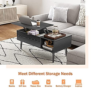 Sweetcrispy Coffee Table, Lift Top Coffee Tables for Living Room,Rising Tabletop Wood Dining Center Tables with Storage Shelf and Hidden Compartment, Black