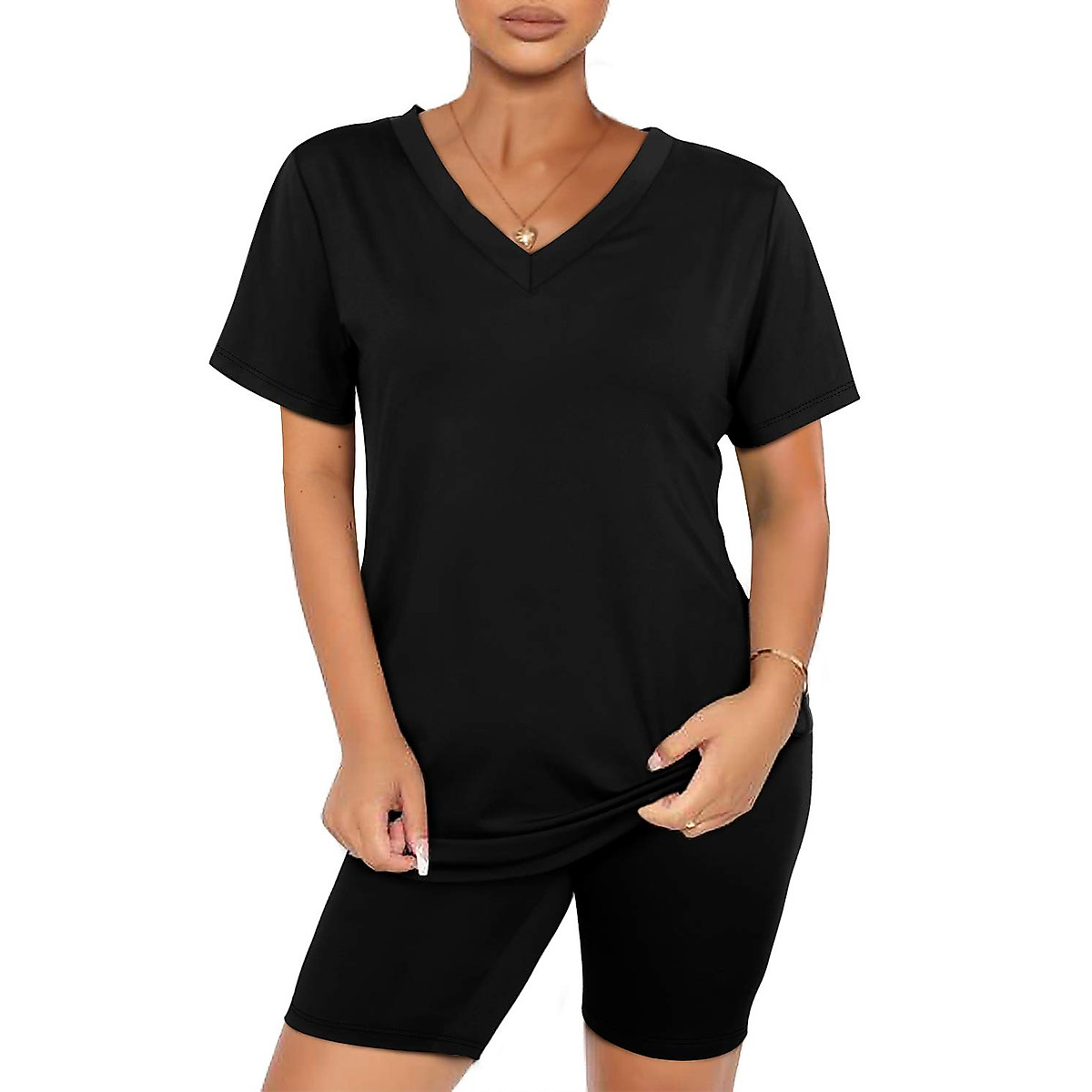 WIHOLL Summer Outfits for Women Short Sleeve 2 Piece Set Plain Tops Black M