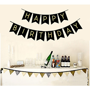 FECEDY Black Happy Birthday Bunting Banner with Shiny Gold Letters Party Supplies