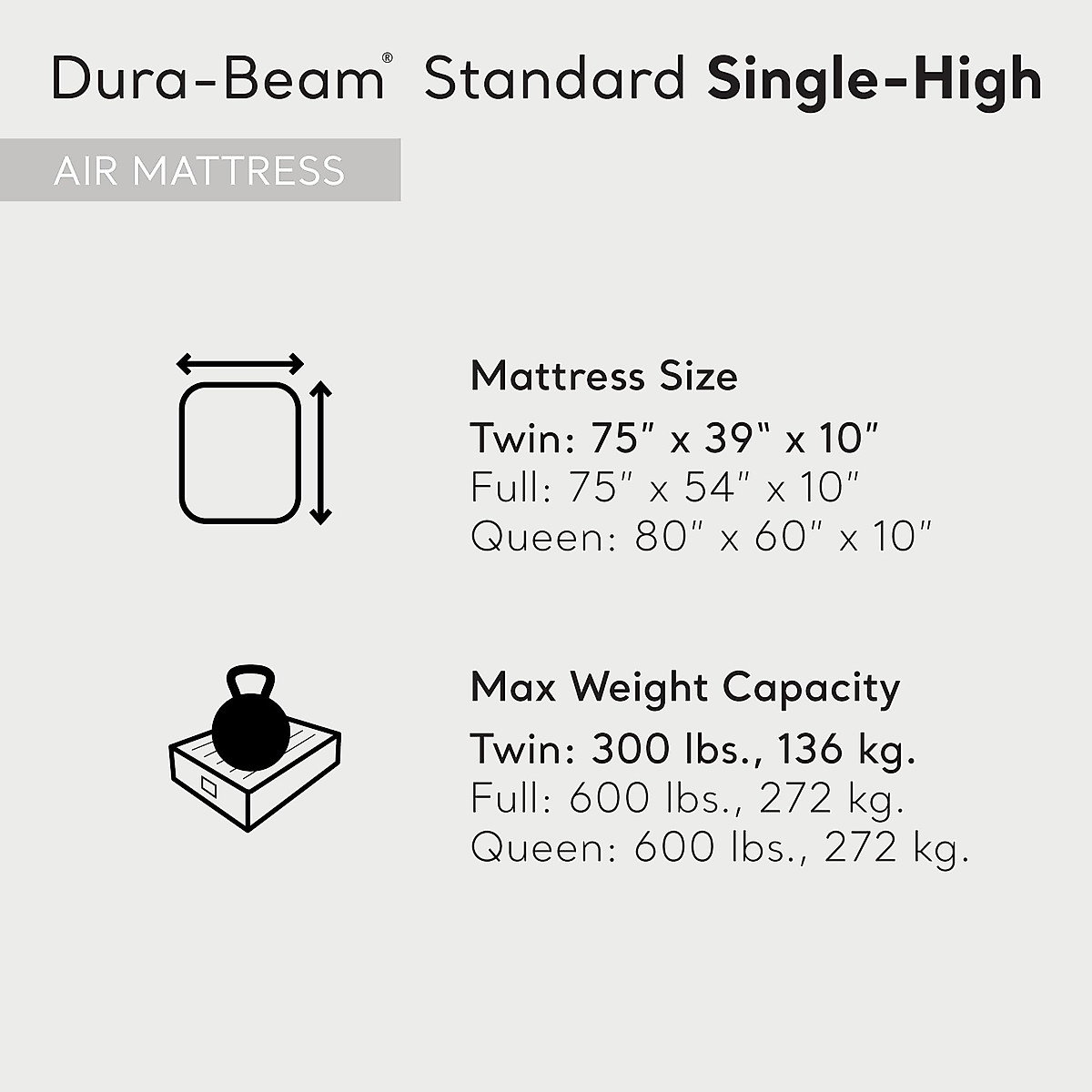 Intex 64101E Dura-Beam Standard Single-High Air Mattress: Fiber-Tech – Twin Size – 10in Bed Height – 300lb Weight Capacity – Pump Sold Separately