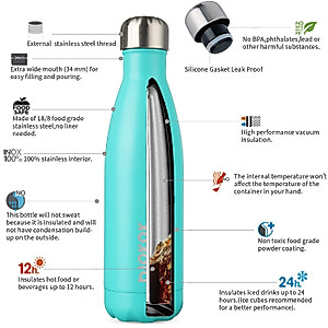 BJPKPK Insulated Water Bottles -17oz/500ml -Stainless Steel Water bottles, Sports water bottles Keep cold for 24 Hours and hot for 12 Hours,BPA Free water bottles, Turquoise