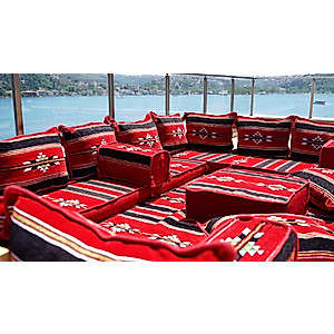 Red Corner Floor Sofa Seating Set, U Shaped Arabic Sofa Set, Oriental Floor Seating, Floor Cushions, Living Room Sofa, Arabic Majlis,Floor Couch (U Sofa Full Set)