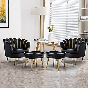 QHITTY Velvet Accent Chair with Ottoman, Upholstered Chair Modern Tufted Barrel Chair Ottoman Set for Living Room, Bedroom, Office (Black)