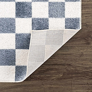 Hauteloom Brone Contemporary Checkered Area Rug - Modern Geometric Bordered Carpet for Living Room, Bedroom, Dining Room - Checkboard Design - Square Tiles - Blue, Ivory - 5'3" x 7'
