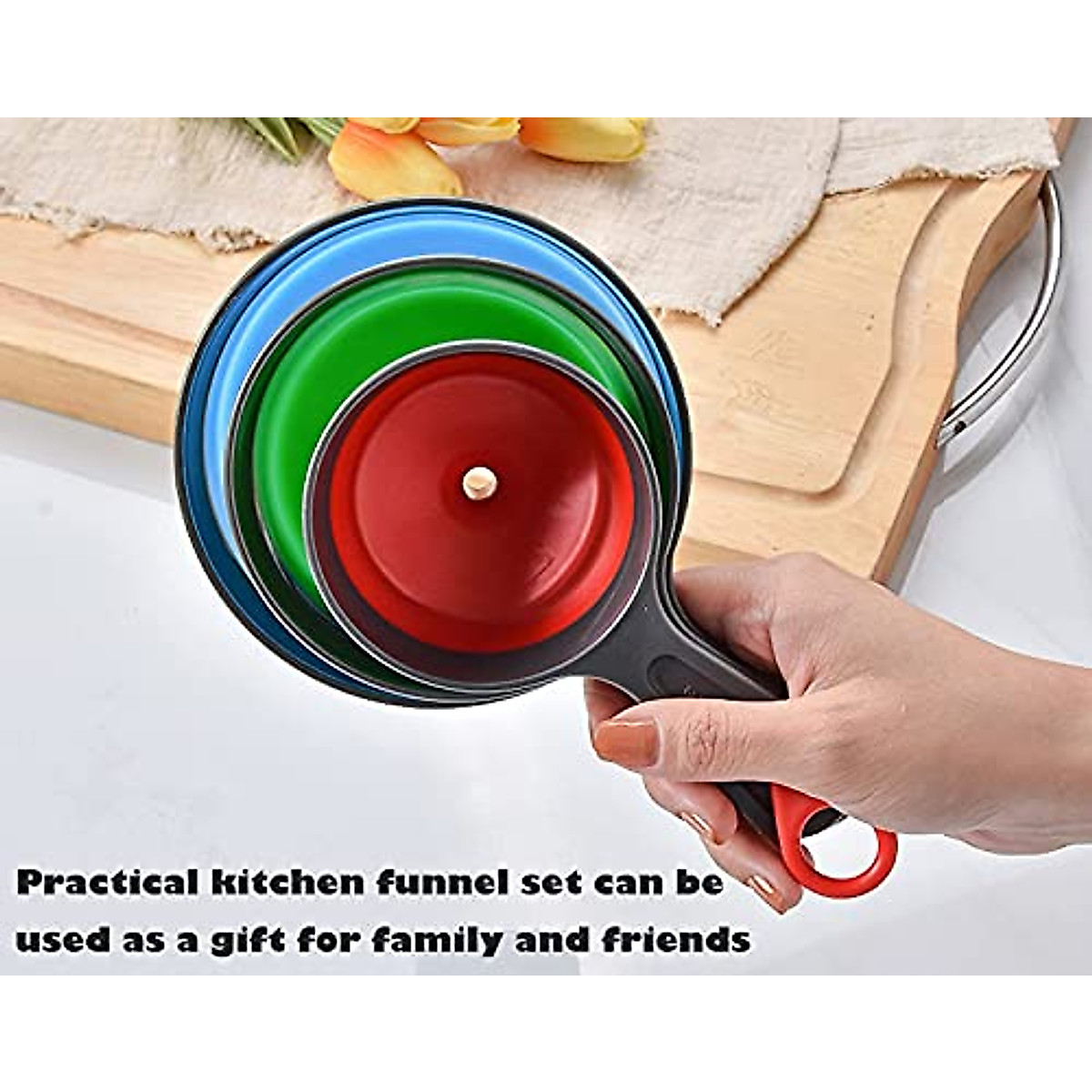 Canning Funnels for Kitchen Use,Food Grade Silicone Collapsible Kitchen Funnel Set of 3,Large Wide Mouth Funnel for Mason Jars,Jam and Spice,Small Funnel for Filling Bottles and Powder