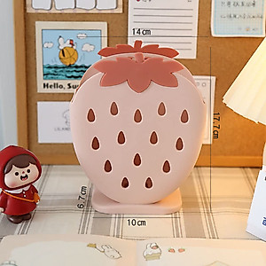 Strawberry Desk Organizer with 2 Compartments Cute Kawaii Pencil Holder Make Up Brush Holders Pen Holder for School Girls Teens Room Decor Storage and Organization (Light Pink)