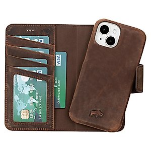 BLACKBROOK Premium Full-Grain Leather Wallet Case for iPhone 15 (6.1"), Burkley Magnetic Detachable 2-in-1 Set, 4 Credit Card Slots, Cash & ID Pocket, with RFID (Distressed Coffee, iPhone 15)