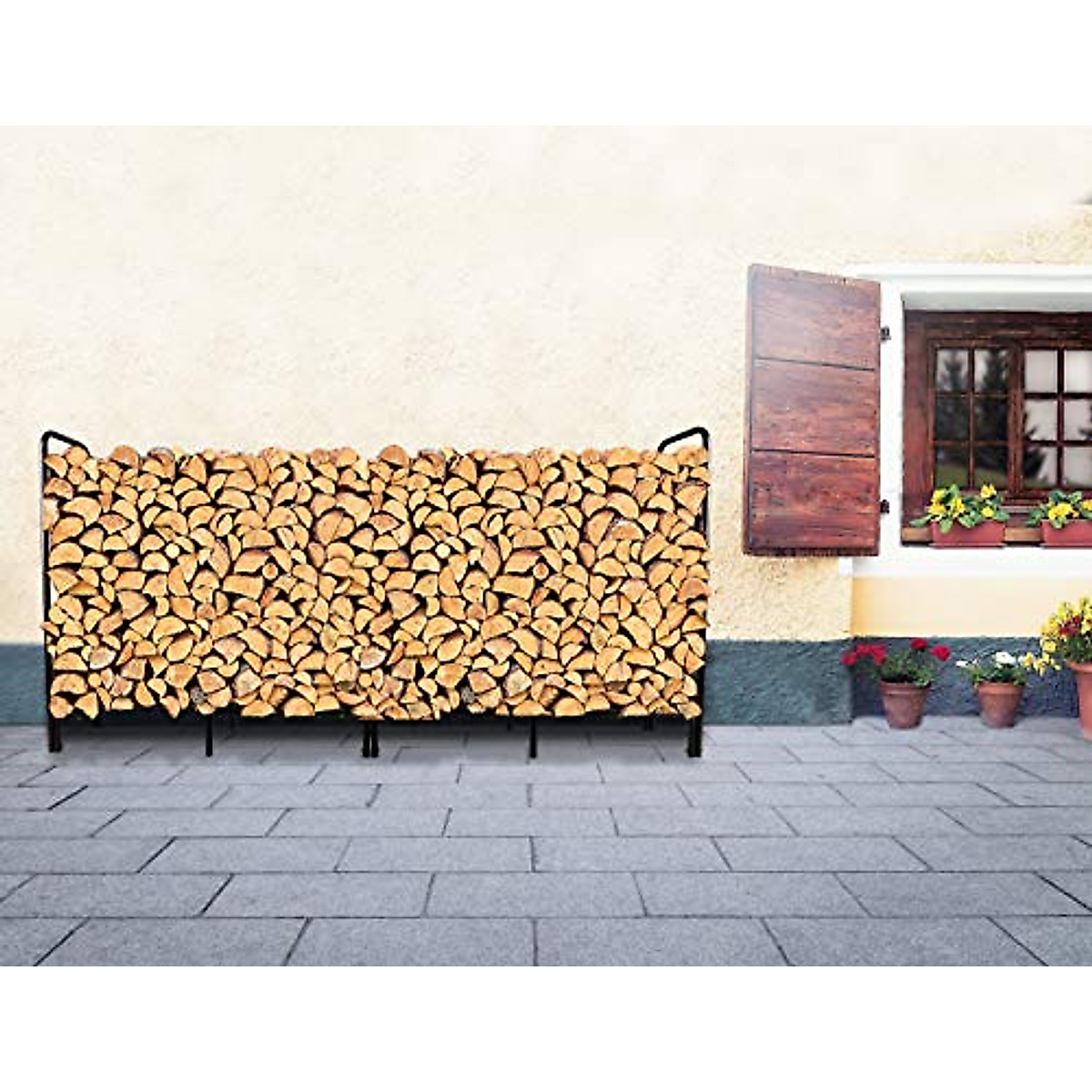 TQVAI 8ft Firewood Rack, Heavy Duty Fire Log Storage Rack for Patio Deck Indoor Outdoor Fireplace Tool Holder, Black
