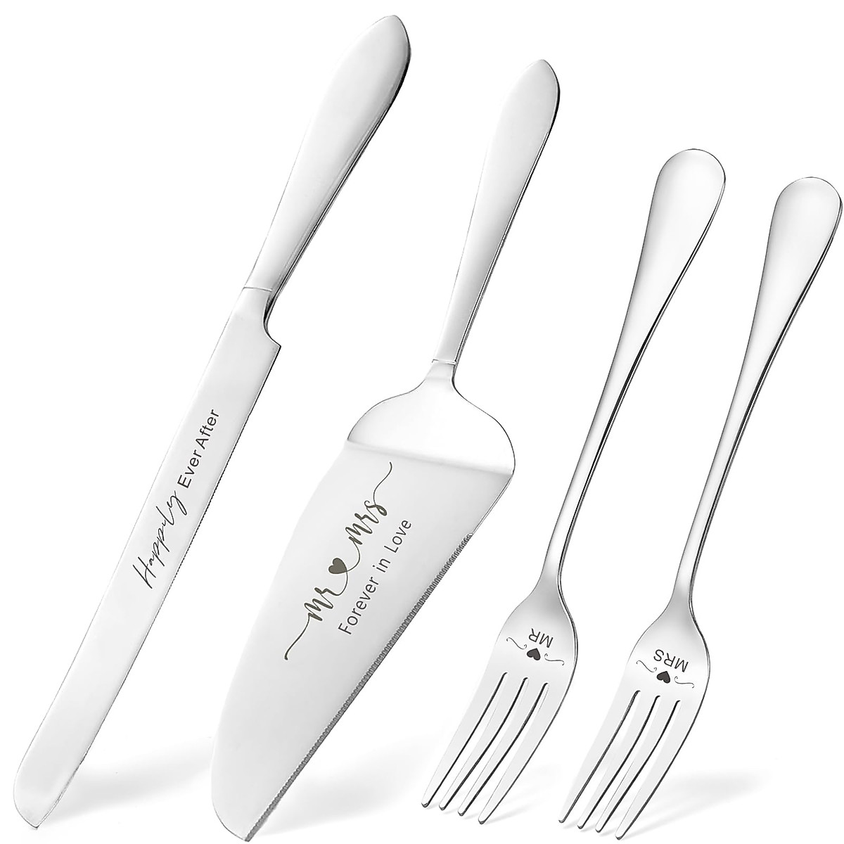 ROXBURGH Wedding Cake Knife and Server Set, Engraved Mr and Mrs Silver Forks Cake Cutting Set Pie Dessert Servers for Wedding Anniversary Bridal Shower Engagement