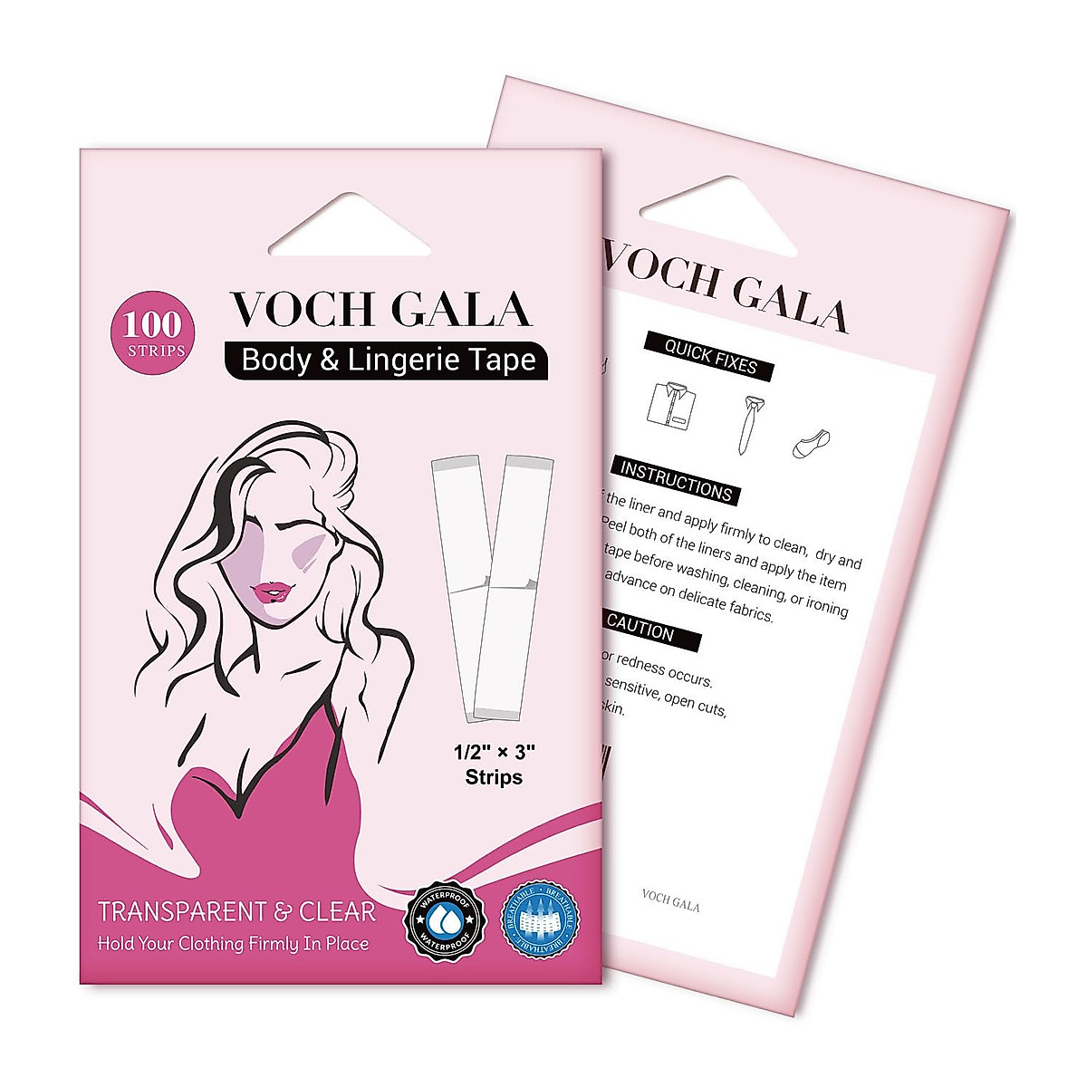 VOCH GALA 100 Strips Double Sided Tape for Fashion and Clothes, Waterproof Fashion Clothing Tape, Fabric Tape to Skin, Strong Adhesive Body Tape, Clear Transparent for All Skin Shades