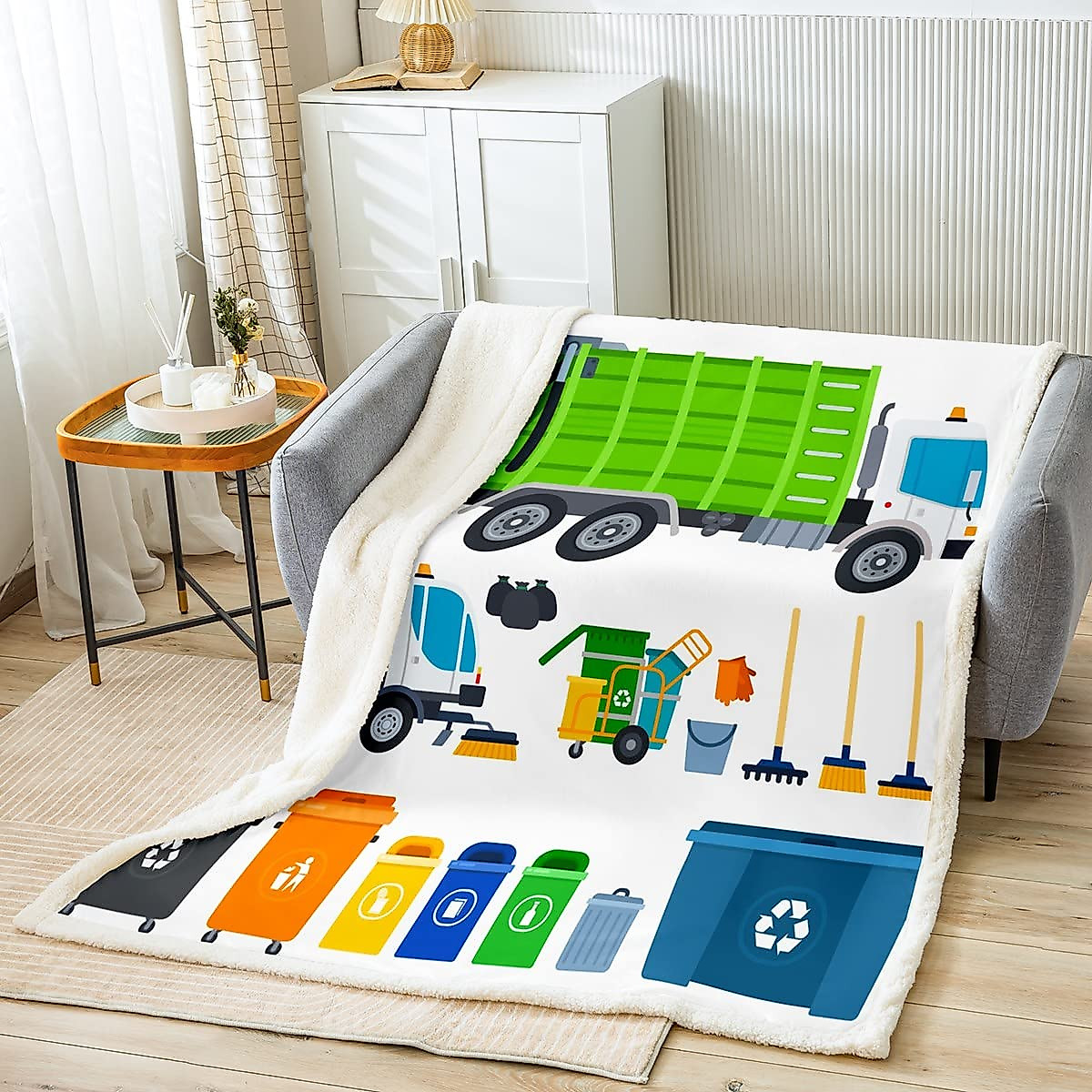 Erosebridal Kids Garbage Truck Blanket for Boys Room Decor, Green Truck Throw Blankets for Bed, Recycling Trash Can Dumpster Fleece Blanket, Waste Management Vehicle Fuzzy Blanket (40x50 Size)