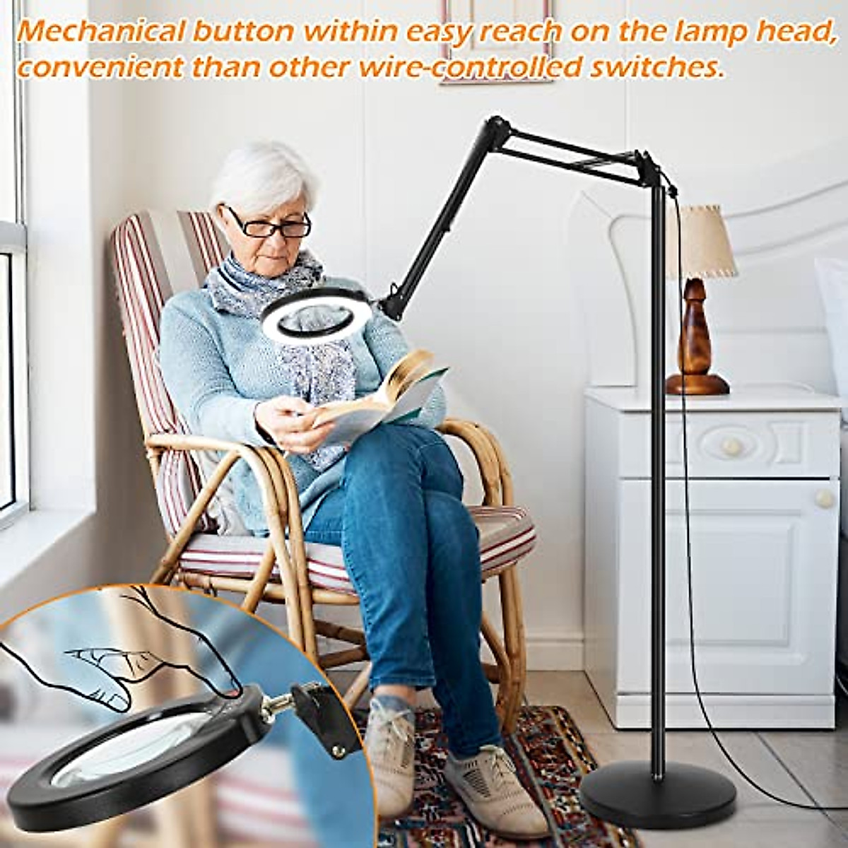 8X Magnifying Glass with Light and Stand, Krstlv 4-in-1 LED 5 Color Modes Stepless Dimmable Magnifying Floor Lamp, Adjustable Swing Arm Lighted Magnifier Lamp with Clamp for Close work, Craft, Reading