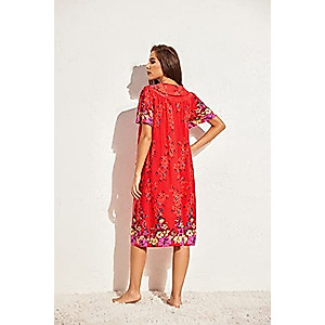 Ekouaer Women's House Dress Short Sleeve Sleepwear Mumu Lounge Wear Old Lady Nightgown Floral Print Night Dress with Pockets, Red, XXX-Large