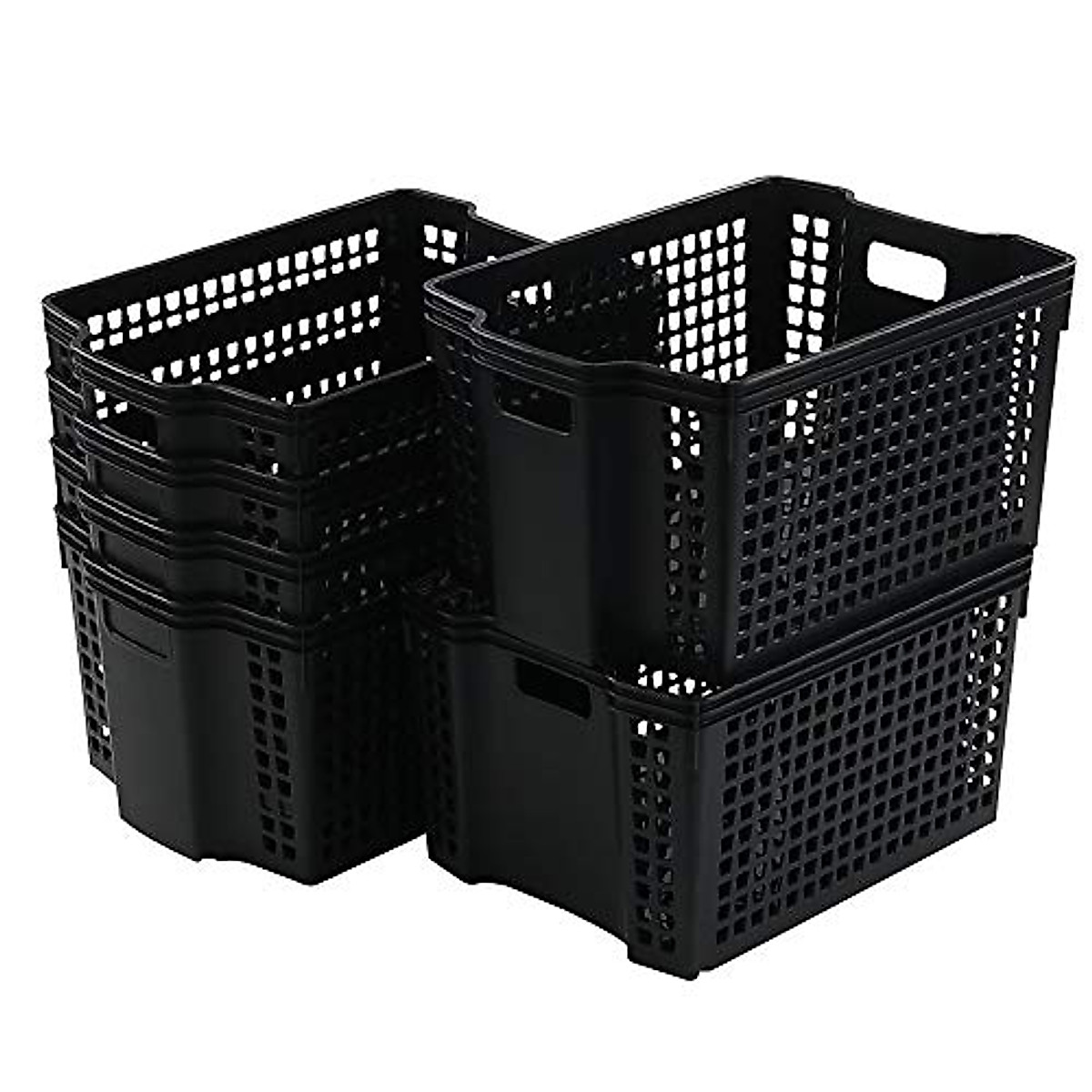 Bringer 6-Pack Stacking Plastic Storage Baskets, Black Plastic Storage Organizer Bins