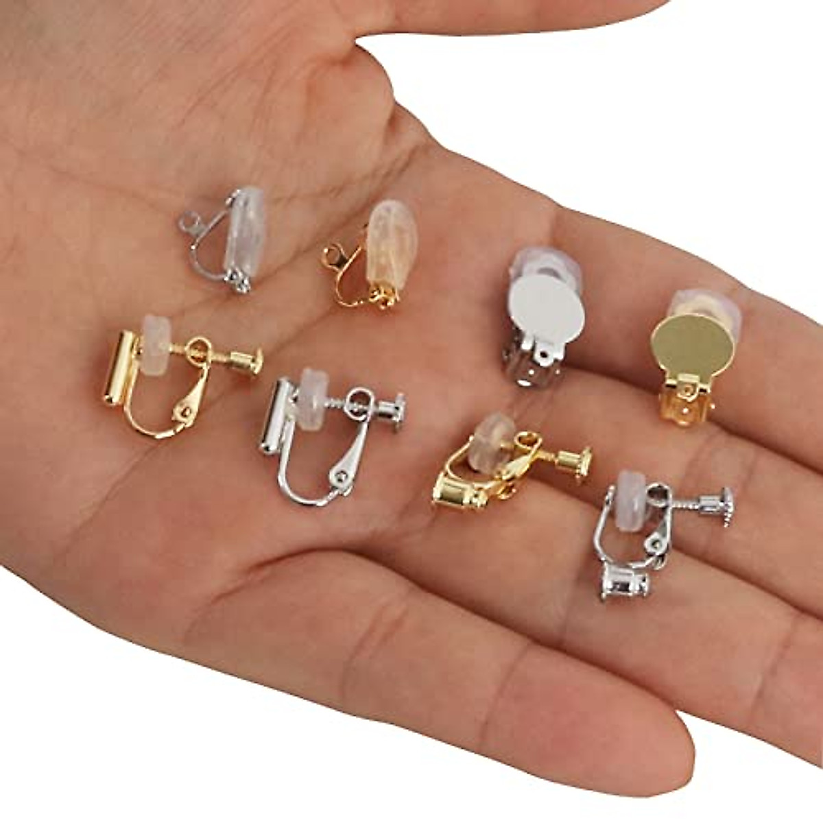 Golden Clip on Earring converters with Silicon Earring Pads, 16pcs Hypoallergenic Round Flat Back Tray Earring Clips Easy Open Loop DIY Earring Making for Women Men Girls Non-Pierced Ears