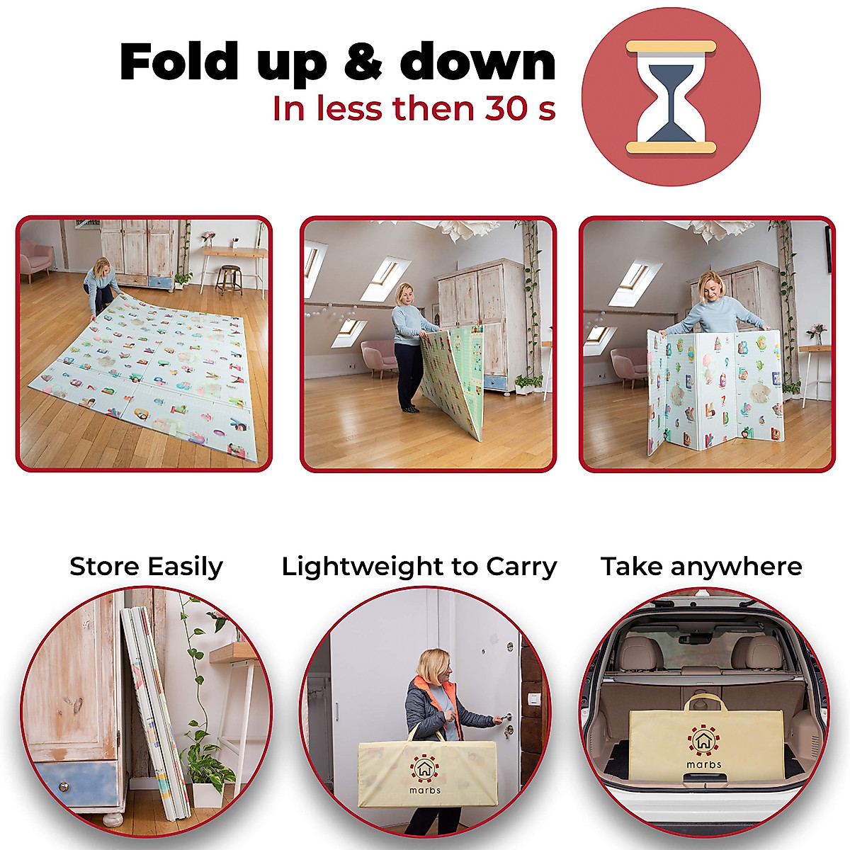 MARBS Baby Play Mat -Extra Large 77"x70"- Anti-Slip & Waterproof - Foldable Play Mat for Baby ( 0-3+ ), Double Sided , 2 Designs to Improve Learning & Focus , Thick Foam Mat for Kids