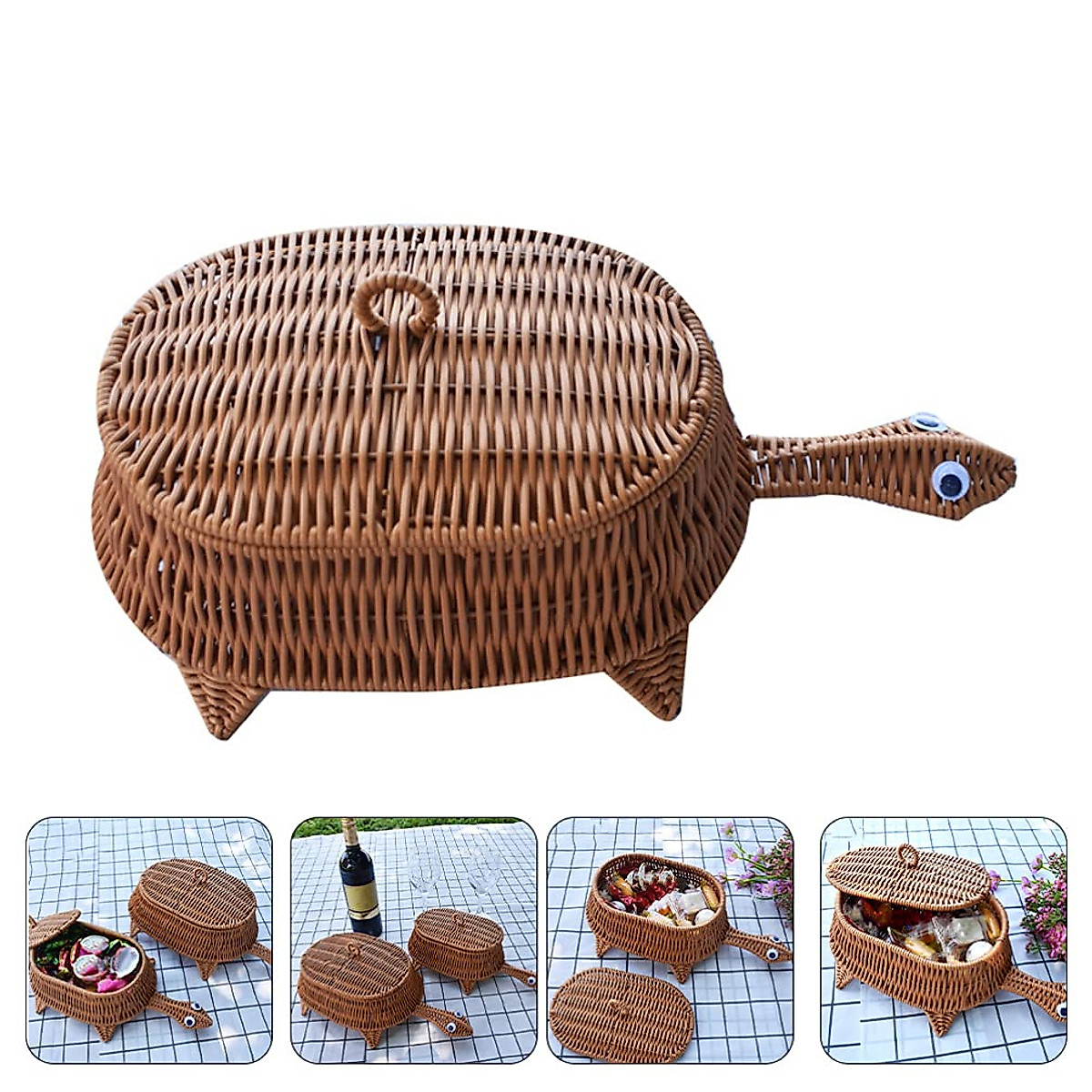 Cabilock Woven Rattan Basket with Lid Decorative Turtle Shaped Basket Fruit Nut Snack Storage Container for Kitchen Coffee Table