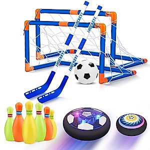 Hover Soccer Ball Set for Kids, 4-in-1 Hover Hockey Bowling Set, Rechargeable Floating Air Soccer Ball w/Led Lights for Indoor Outdoor Sports Game Toys Gifts for Kids Boys Girls Ages 3 4 5 6 7 8-12