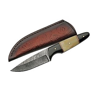 Szco Supplies 7.5" Horn and Bone Handle Damascus Outdoor Hunting Knife with Sheath