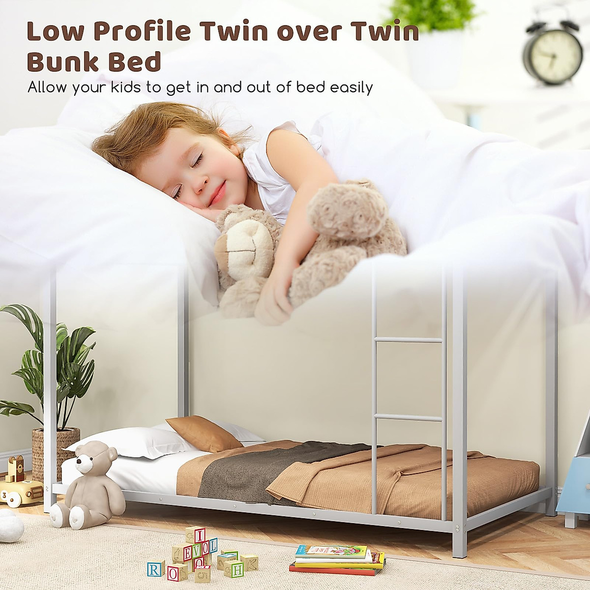 Giantex Twin Over Twin Metal Bunk Beds, Heavy Duty Bed Frame with Safety Guard Rail & Ladder, Low Floor Bunk Bed for Boys Girls Adults Dormitory Bedroom, Noise Free, No Box Spring Needed (Silver)