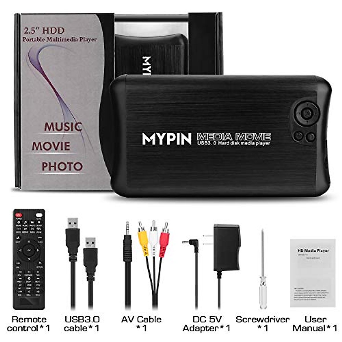 1080P USB3.0 HDMI Media Player Support 2.5" SATA HDD with HDMI/AV/Coaxial Output, Portable MP4 Player for Videos/Music/Photos from USB Drive/SD Card/Internal or External HDD