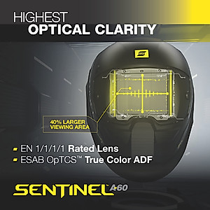 ESAB® Sentinel™ A60 Welding Helmet, Black Low-Profile Design, High Impact Resistance Nylon, Large Viewing Area 4.65 in x 2.80 in