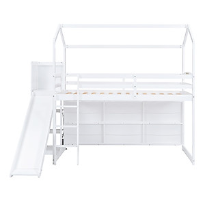 Favfurish Twin Size House Loft Bed with Slide, Storage Shelves and Light, Wood Kids Bed Frame with Guardrail and Ladder,Climbing Ramp,for Teens Boys Girls Bedroom, White