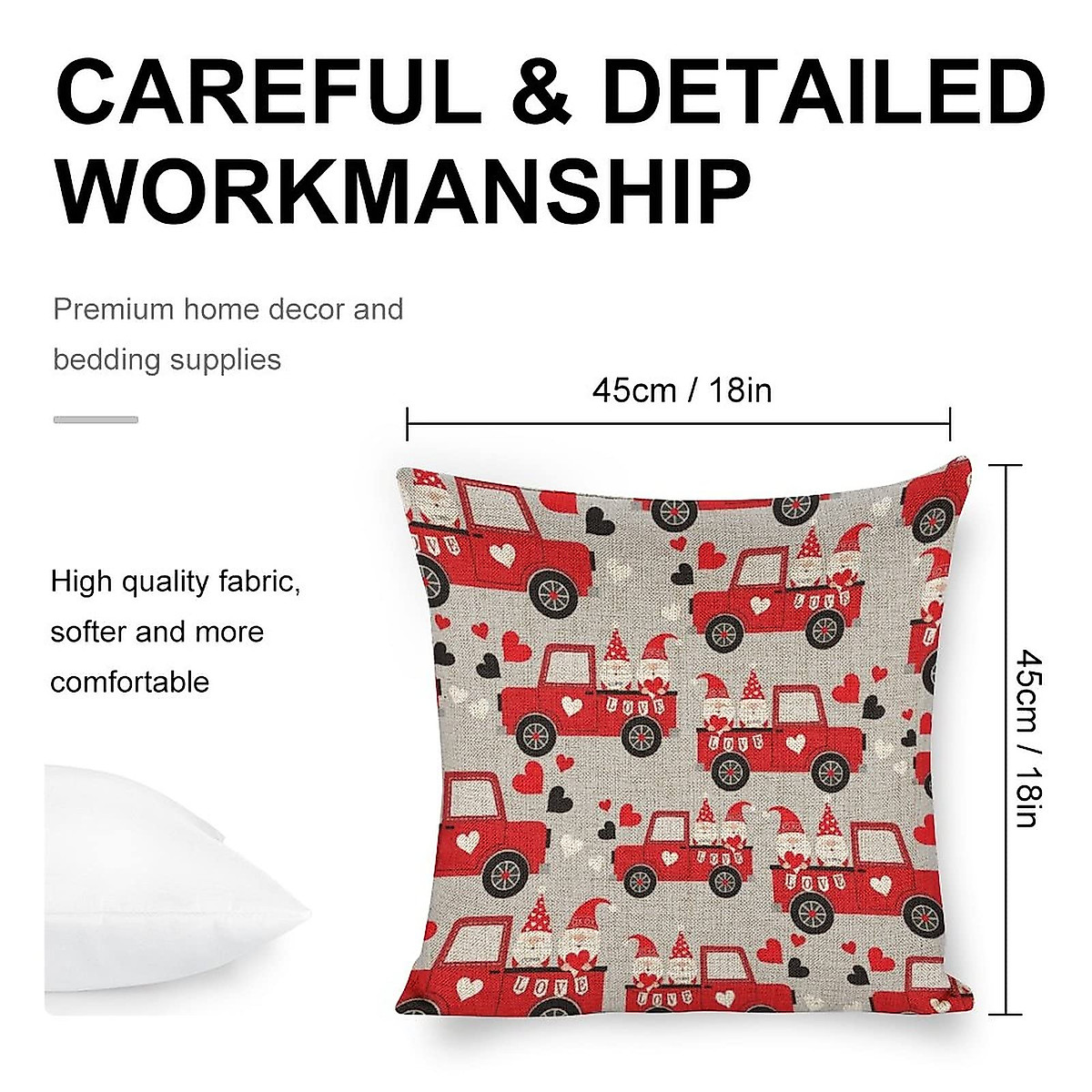 Valentine's Day Truck Throw Pillow Covers 18×18 Pillowcases Set of 2 Cute Gnome Heart Linen Decorative Square Pillow Case Cushion Covers Standard Size for Sofa Couch Outdoor Bed Pillow Protectors