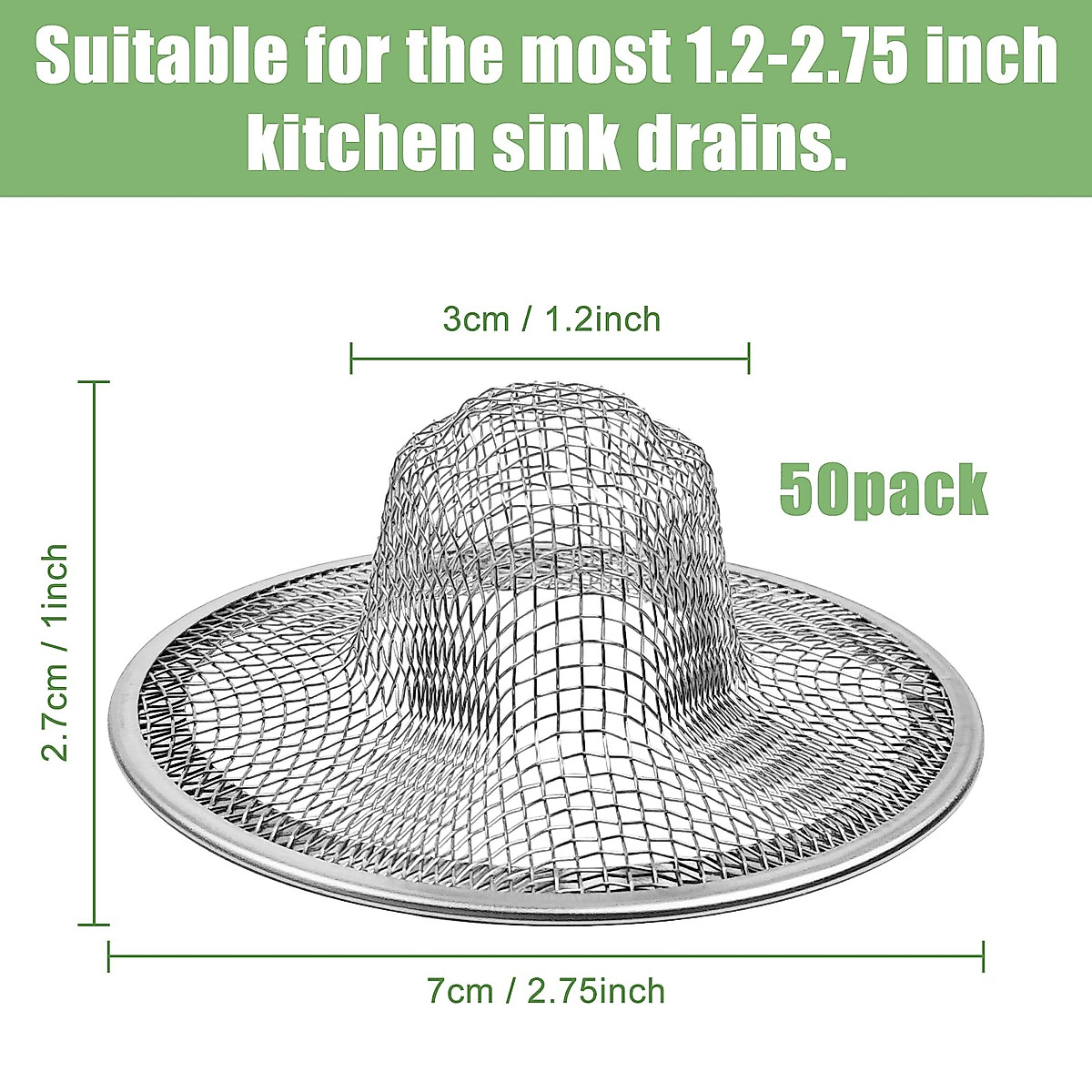 50pcs Mesh Sink Strainer, 2.75" Top/1" Stainless Steel Slop Basket Filter Trap, Metal Bathtub Kitchen Drain Strainer, Hair Basket Drain - Fits Most Kitchen Sinks, Bathroom Sinks,Shower Drains
