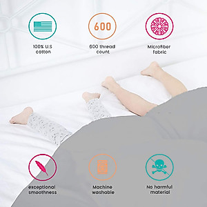 California Cotton Club 600 Thread Soft 1 Piece Duvet and 2 Piece Pillowcases Set - Breathable Pure Cotton Silky Satin Comforter Duvet Set with Button Closure for Luxury Bedding (Light Grey, Queen)