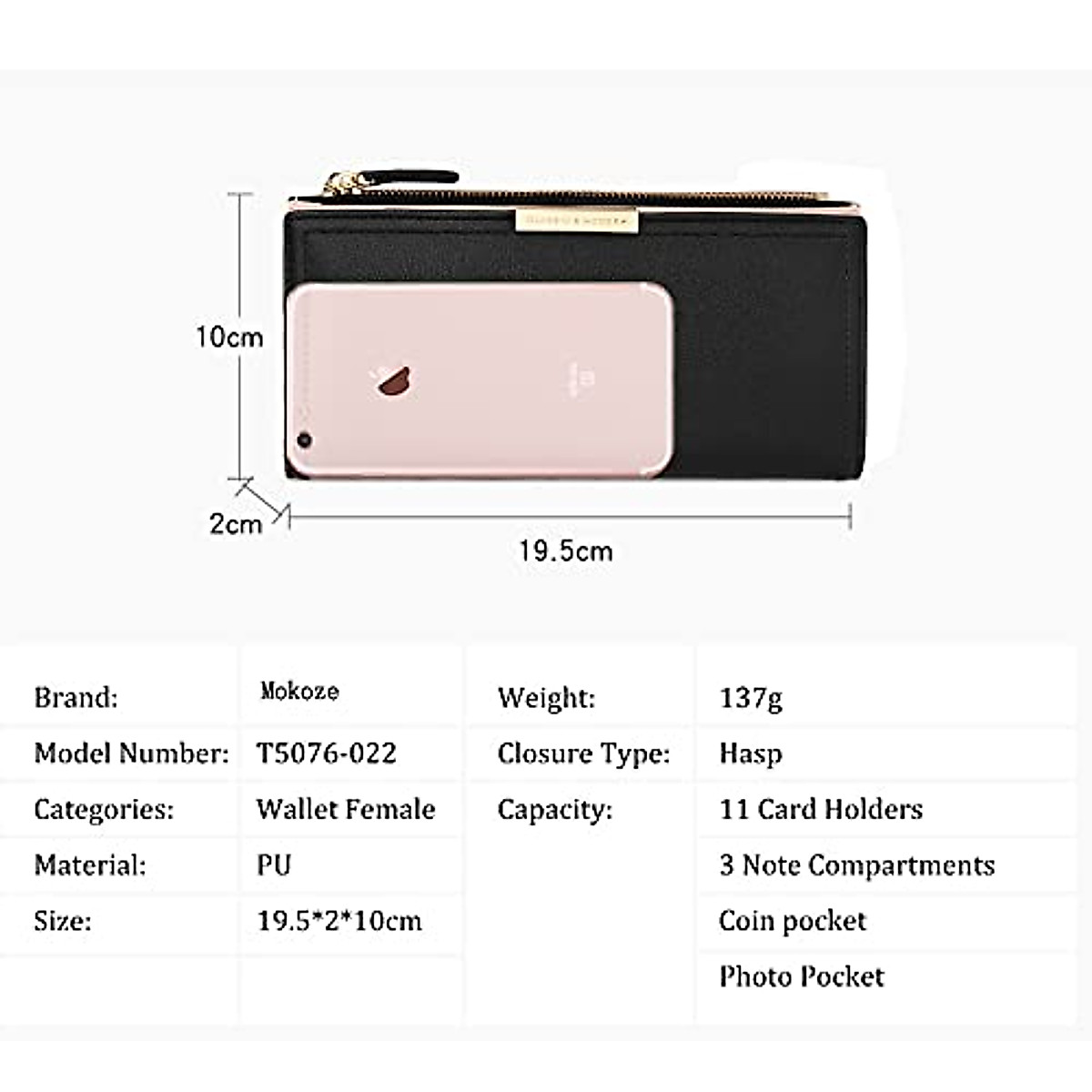 Mokoze Women'S Zipper Magnetic Closure Wallet Clutch Bag Storage Bag Long Bi-Fold With Change Pocket Small Women'S Walle（Black）